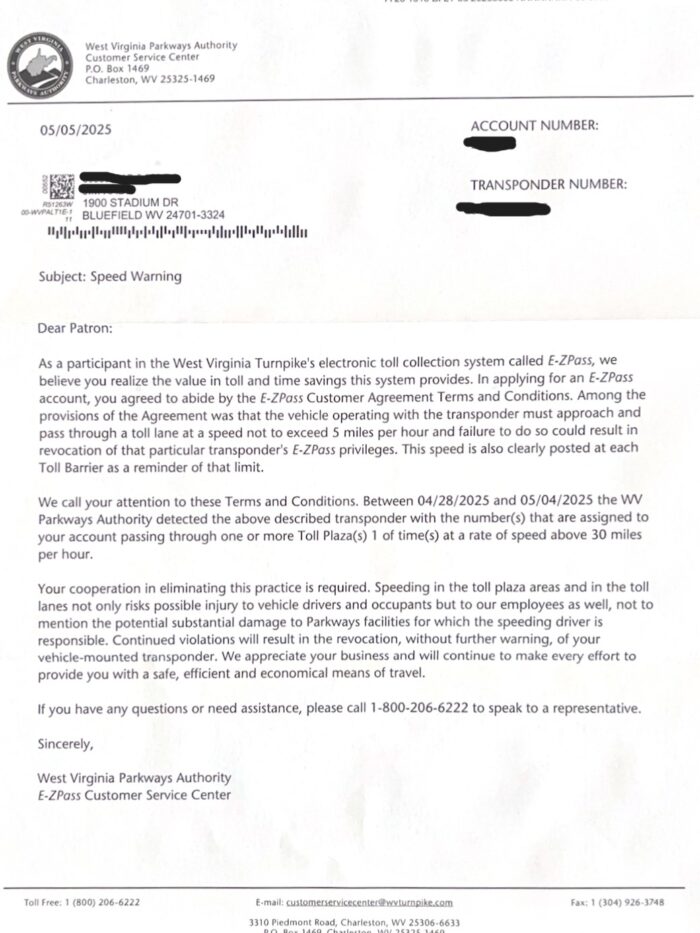 West Virginia Parkways Authority Warning Letter – Bluefield WV Rescue Squad